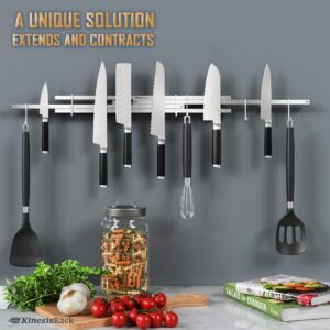 KINESISRACK Magnetic Knife Holder for Wall 16 inch Extends up to 30 inches 4 Strip Neodymium Magnetic Rack with 10 Hooks for Kitchen Utensils Organize. No Drill Tools Holder