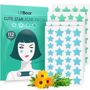 litbaer star-shaped pimple patch hydrocolloid acne stickers with tea tree oil + salicylic acid, cover dot for acne blemish, pimples, whiteheads, zit, draw out oil & impurities, 112 dots, 14mm & 10mm