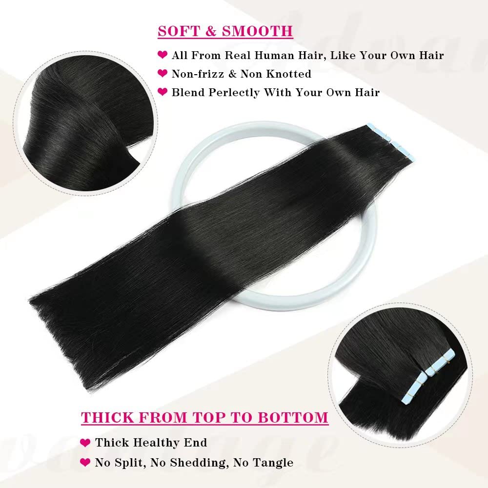 Tape in Hair Extensions Human Hair Double Weft Real Human Hair Extensions Seamless Straight Human Hair Extensions for Fashion Women(#1,20inch)