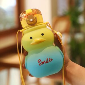 ztgd cute water bottle 650ml for student,lady,kid,kawaii leakproof duck water cup with straw lock design suspender one key open and transparent lid blue