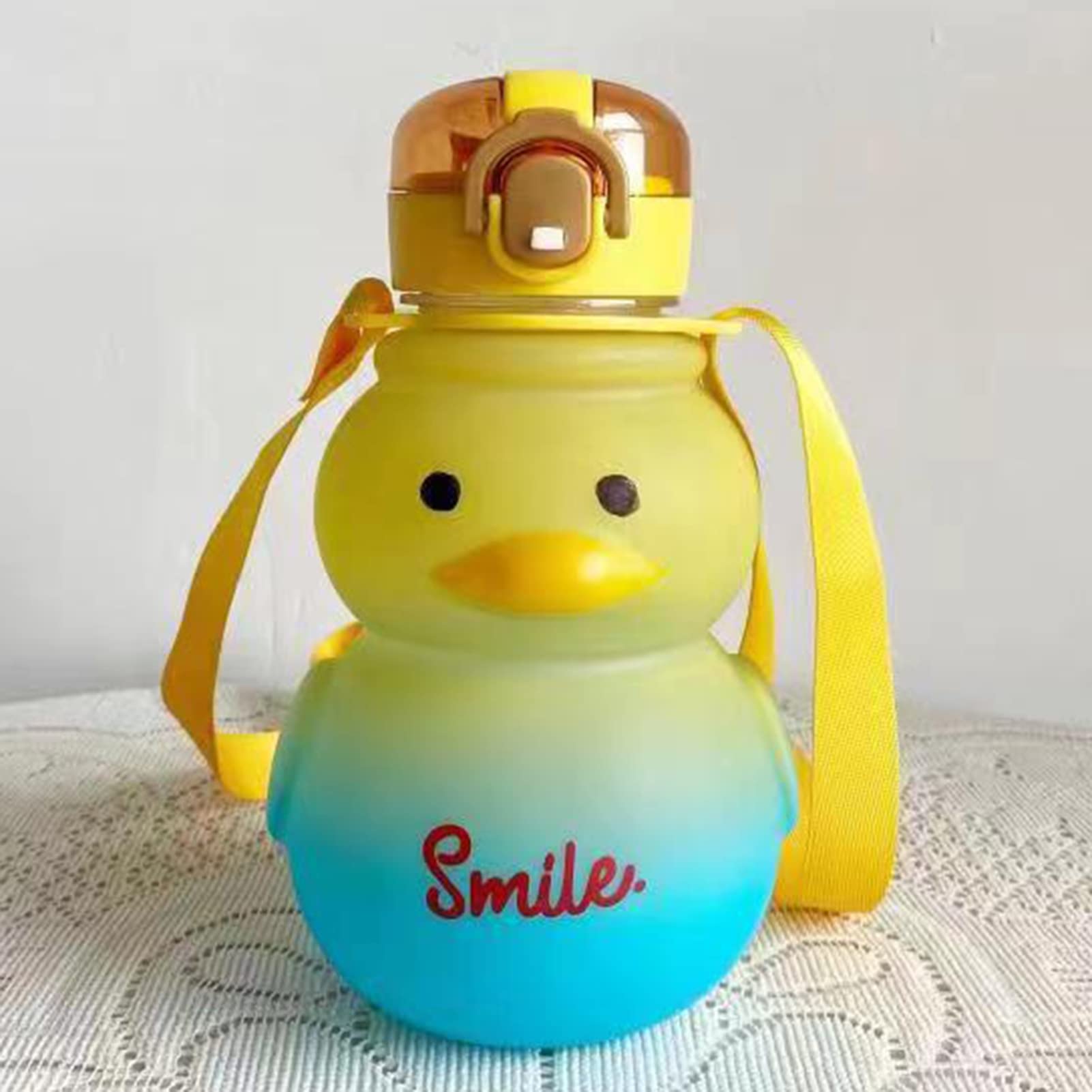 ZTGD Cute Water Bottle 650ml for Student,Lady,Kid,Kawaii Leakproof Duck Water Cup with Straw Lock Design Suspender One Key Open and Transparent Lid Blue