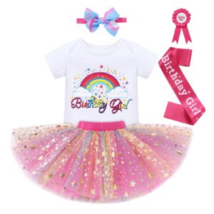 rainbow unicorn 1st 2nd 3rd birthday girl outfit baby romper tutu skirt headband sash badge 5pcs princess bowknot tutu dress up clothes set for cake smash photo shoot hot pink - rainbow 3 years