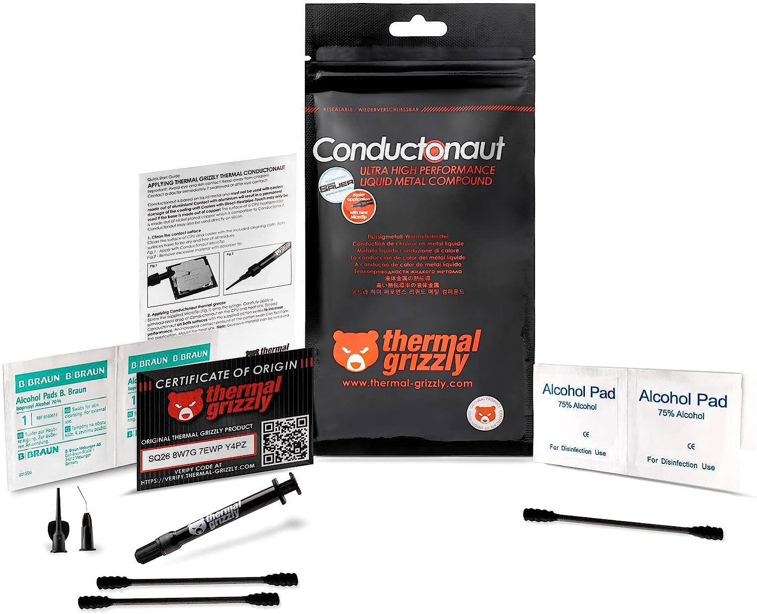 Thermal Grizzly Conductonaut Thermal Grease - 1Gram Set + Extra Applicators - Liquid Metal Thermal Paste for Cooling The CPU, GPU (Conductonaut) (1g Combo)