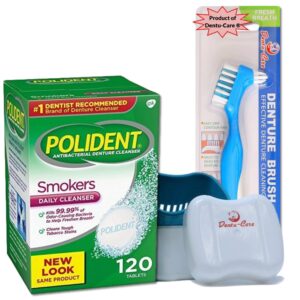 denture cleaning tablets smokers 120 tablets bundle with dentu-care denture case and denture brush for maintaining good clean full partial dentures mouthguards