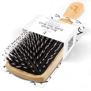 boar bristle paddle hair brush - smoothing wood brush for thick, curly & wavy hair, detangling natural bristles for women, stimulates scalp