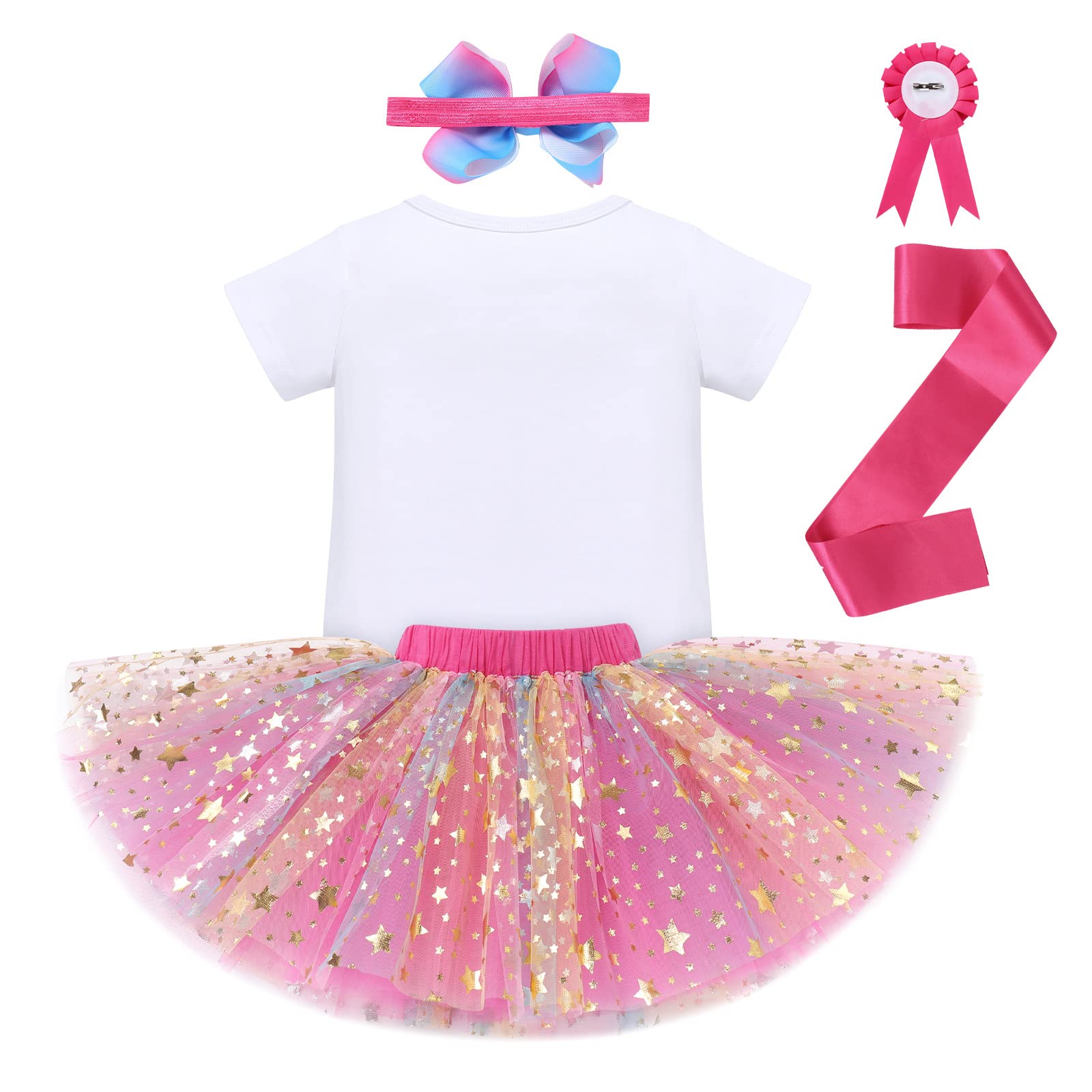 Rainbow Unicorn 1st 2nd 3rd Birthday Girl Outfit Baby Romper Tutu Skirt Headband Sash Badge 5PCS Princess Bowknot Tutu Dress up Clothes Set for Cake Smash Photo Shoot Hot Pink - Rainbow 3 Years