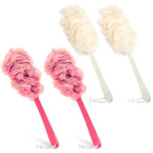 4pack back scrubber for shower, evmliy loofah sponge brush exfoliating body, long handle scrub brush for shower with loofah on a stick for back use, bathing accessories body brushes (4pack)