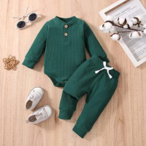 vivifayee Infant Newborn Baby Boy Clothes Christmas Outfits Long Sleeve Romper Onesie Pants Set Knitted Ribbed Cotton Green Clothing 2Pcs