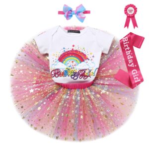 Rainbow Unicorn 1st 2nd 3rd Birthday Girl Outfit Baby Romper Tutu Skirt Headband Sash Badge 5PCS Princess Bowknot Tutu Dress up Clothes Set for Cake Smash Photo Shoot Hot Pink - Rainbow 3 Years