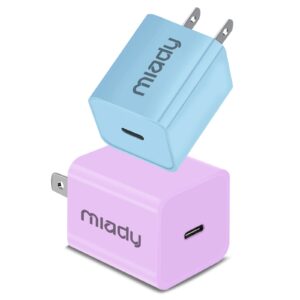 usb c wall charger, miady 2 pack 2.4a/5v wall charger adapter compatible for iphone 14/14 pro max/13/13pro/12/12 pro, ipad airpods pro and more (creamy blue+clove purple)