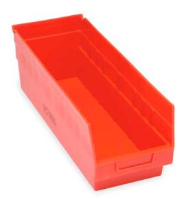 mdmprint shelf storage bin, red, polypropylene, 17 7/8 in l x 6 5/8 in w x 6 in h, 50 lb load capacity