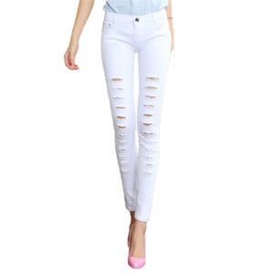 ripped jeans for women mid waisted skinny destroyed denim pants slim fit distressed stretch butt lift jean trouser (white,31)