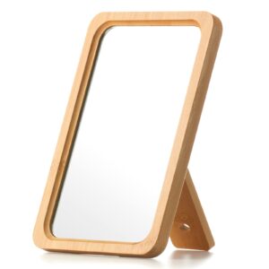 jasefa natural bamboo desk table mirror, folding makeup mirror with handheld/stand,portable small desktop cosmetic mirror good for travel, cosmetic, office,6.5" w x 9.1" l