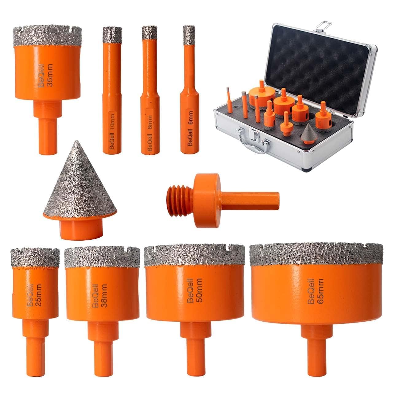 Tile Hole Saw Kit Triangle Shank Diamond Drill Bits Set for Porcelain Tile Ceramic Marble Brick Granite Stone,6/8/10/25/35/38/50/65mm+35mm 5/8-11 Beveling Chamfer Bit Cone Tile Bit+Adapter