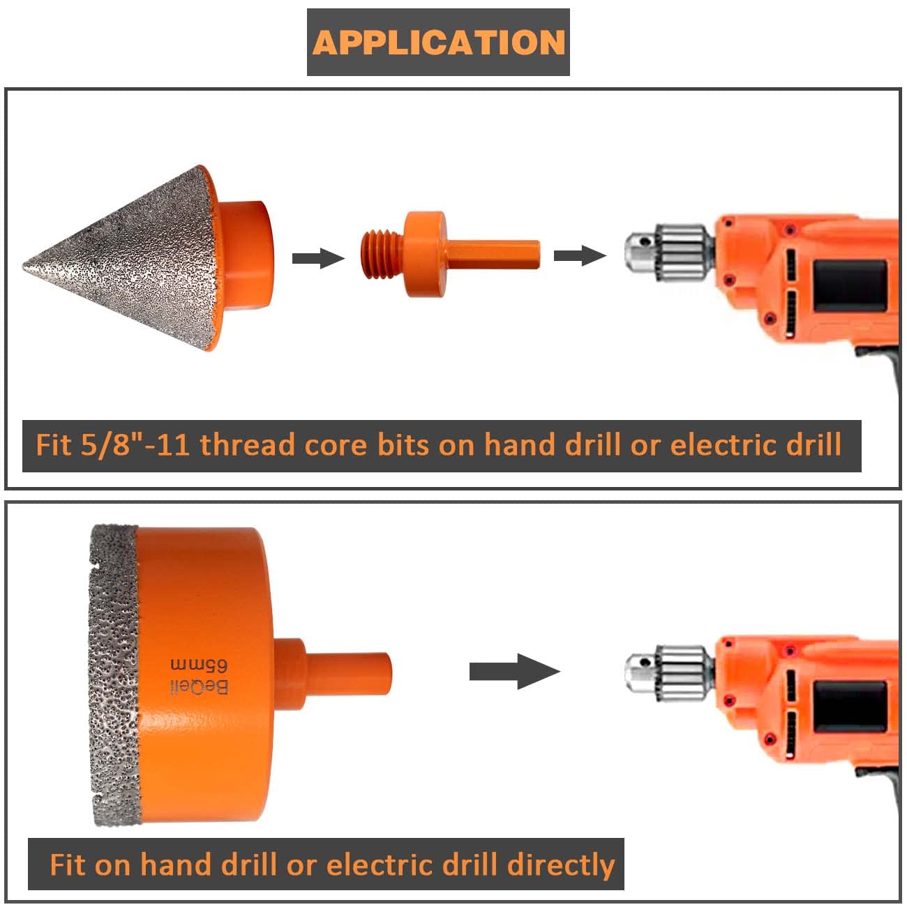 Tile Hole Saw Kit Triangle Shank Diamond Drill Bits Set for Porcelain Tile Ceramic Marble Brick Granite Stone,6/8/10/25/35/38/50/65mm+35mm 5/8-11 Beveling Chamfer Bit Cone Tile Bit+Adapter