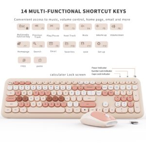 Wireless Keyboard and Mouse Combo, Colorful Ergonomic Full Size Retro Low-Noise Keyboard with Cute keycaps, Compatible with Windows, PC, Perfer for Home and Office Keyboards (Brown)