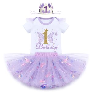 butterfly 1st birthday outfit for baby girl butterfly romper + sequins butterfly tutu skirt + headband 3pcs clothes set for butterfly party baby shower cake smash photo shoot purple butterfly 1 year