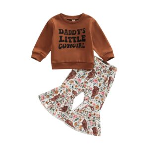 karuedoo toddler baby girl western outfit daddy's little cowgirl sweatshirt top cow flared pants set 2pcs fall winter outfits(daddy's little cowgirl, 12-18 months)