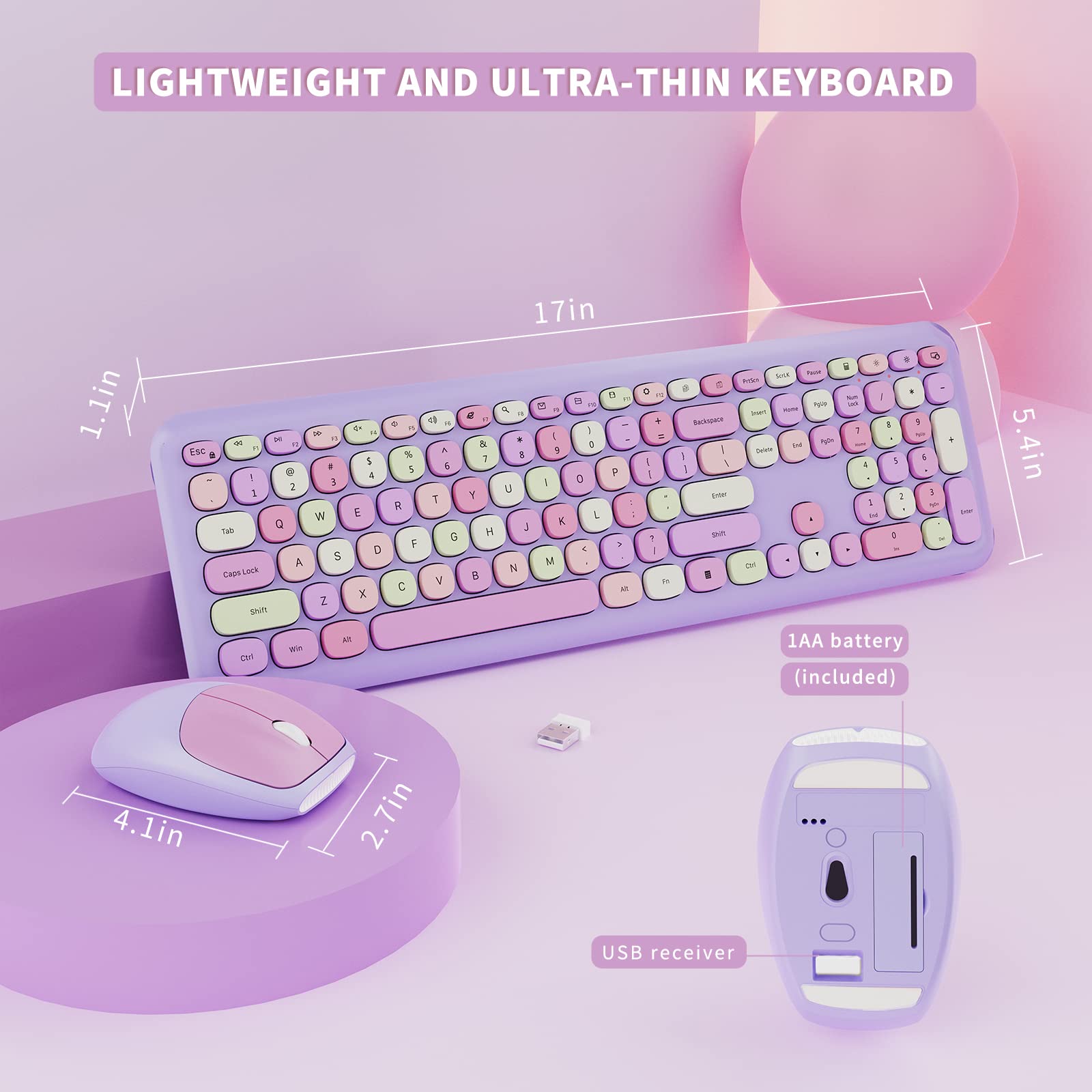 Wireless Keyboard and Mouse Combo, Colorful Ergonomic Full Size Retro Low-Noise Keyboard with Cute keycaps, Compatible with Windows, PC, Perfer for Home and Office Keyboards (Purple)