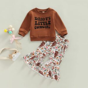 Karuedoo Toddler Baby Girl Western Outfit Daddy's Little Cowgirl Sweatshirt Top Cow Flared Pants Set 2PCS Fall Winter Outfits(Daddy's Little Cowgirl, 12-18 Months)