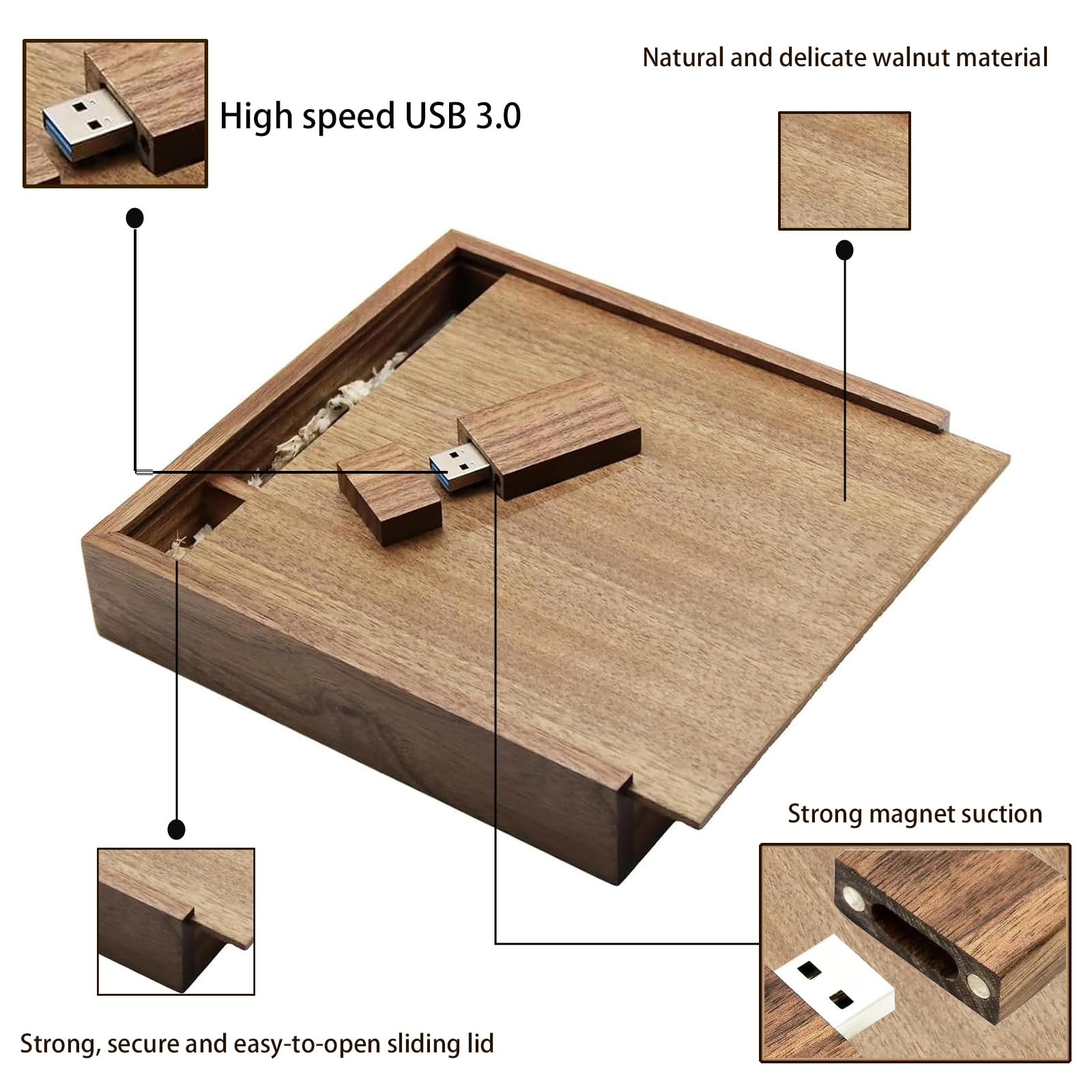 Wood USB Flash Drive with Gift Box (6.73"x6.73"x1.38") TATMOHIK 32GB USB 3.0 Wedding USB Memory for Storing Photos Walnut Wooden Thumb Drive for Keepsakes for Wedding, Birthday, Valentines Day