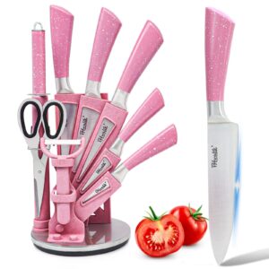 kitchen knife set, retrosohoo 9pc pink wheat straw sharp cooking knife set with acrylic stand, stainless steel non-stick chef with comfortable handle for slicing cutting peeling chopping (pink)