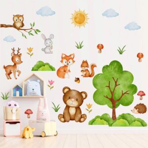 watercolor tree animals wall decals,cartoon animal wall stickers,nursery wall decor woodland animal wall decals,fox giraffe bear forest animal wall decal for kids room bedroom classroom playroom decor