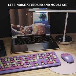 Wireless Keyboard and Mouse Combo, Colorful Ergonomic Full Size Retro Low-Noise Keyboard with Cute keycaps, Compatible with Windows, PC, Perfer for Home and Office Keyboards (Purple)