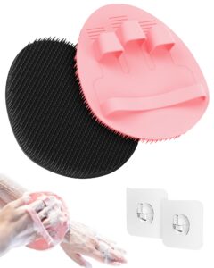 manmihealth soft silicone shower brush, super-lathering and deep-cleaning body & face scrubber, gentle exfoliating bath glove for all skin types, with 2 free hooks.(black + pink)