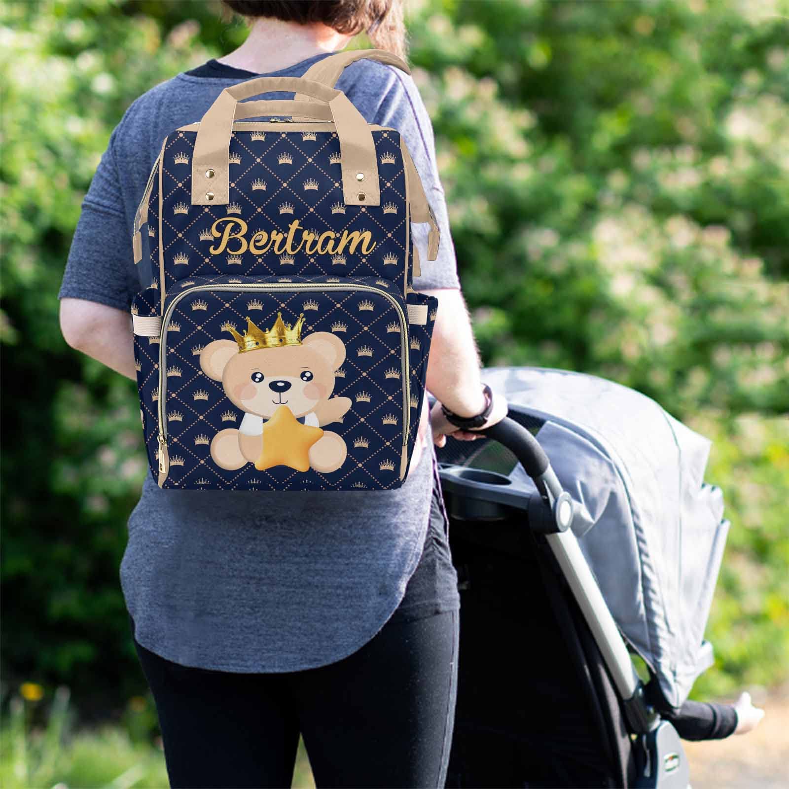 M YESCUSTOM Customized Prince Bear Diaper Bag for Boys Girls Baby, Personalized Blue Crown Cute Mommy Daypack with Name, Nylon Waterproof Backpack for Travel, Lovely Custom Gift for Women