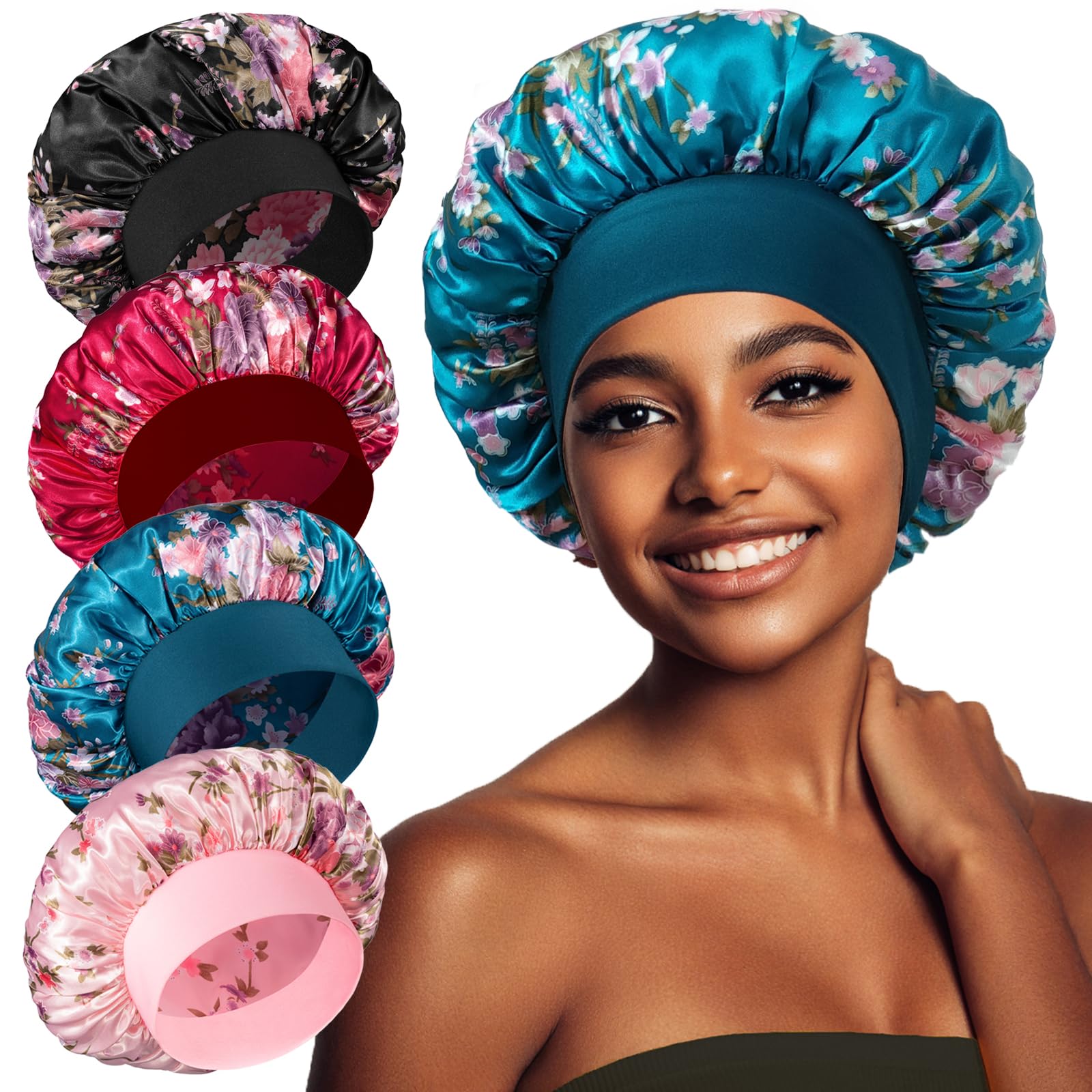 4PCS Silk Bonnet Satin Bonnet Silk Sleep Cap for Sleeping, Hair Bonnet for Sleeping Bonnets for Black Women, Wide Band Silk Bonnet for Curly Hair.