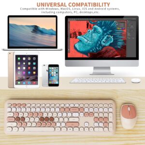 Wireless Keyboard and Mouse Combo, Colorful Ergonomic Full Size Retro Low-Noise Keyboard with Cute keycaps, Compatible with Windows, PC, Perfer for Home and Office Keyboards (Brown)