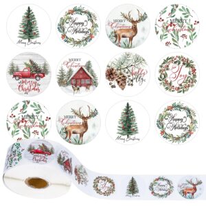 whaline 1000pcs christmas stickers 1.5inch assorted plants round stickers in roll rustic christmas tree wreath elk truck patterns label stickers for xmas seals cards presents envelopes, 8 designs