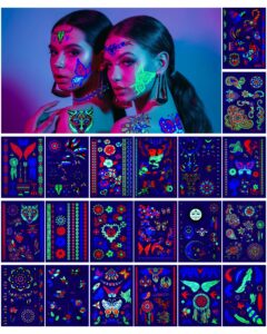 20 sheets glow in the dark temporary tattoos uv neon tattoo stickers fluorescence rave festival accessories for women men face body makeup uv glow party supplies