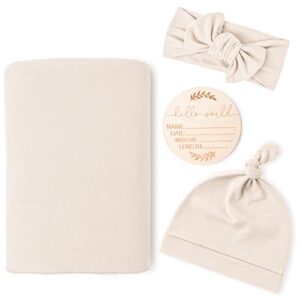 konssy baby girl newborn receiving blanket with matching headband and beanie set baby swaddle nursery swaddle wrap(beige)