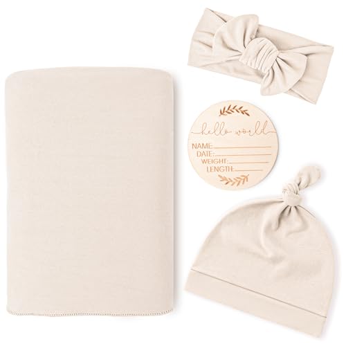 Konssy Baby Girl Newborn Receiving Blanket with Matching Headband and Beanie Set Baby Swaddle Nursery Swaddle Wrap(Beige)