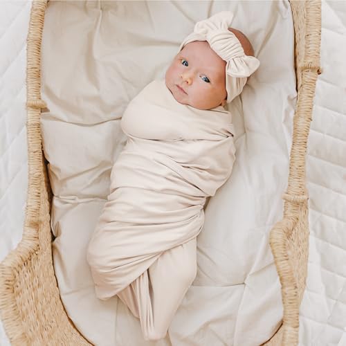 Konssy Baby Girl Newborn Receiving Blanket with Matching Headband and Beanie Set Baby Swaddle Nursery Swaddle Wrap(Beige)