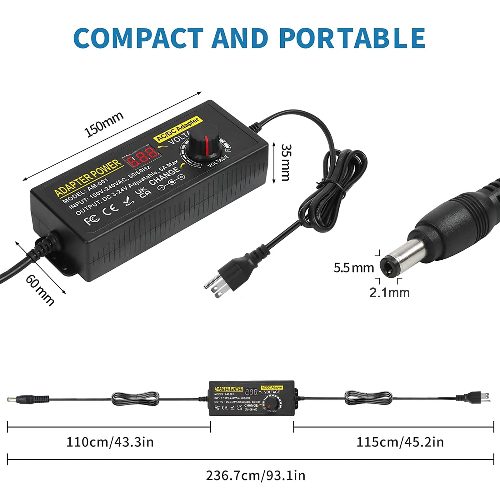 Adjustable Power Supply 3V~24V 5A 120W Universal 100V-240V AC/DC Power Adapter Converter 8V 12V 15V 18V 19V 20V 24V Power Supply with 14 DC Tips&Polarity Converter for LED Strip Light Printer Speaker