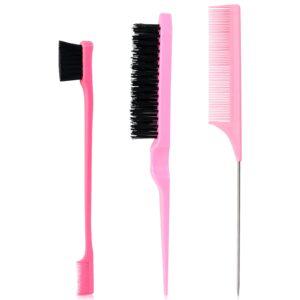 sularpek 3 pieces slick brush set bristle hair brush, teasing brush edge brush, rat tail comb, for edge & back brushing, combing slicking hair for women girls (pink)