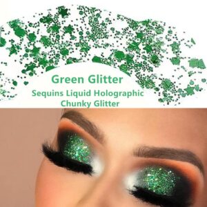 Go Ho Green Face Body Glitter,St Patricks Day Face Glitter Makeup,Green Face Paint Holographic Chunky Sequins Glitters for Eye Lip Hair Nails,Festival Glitter Rave Accessories,09 Green Glitter 52g