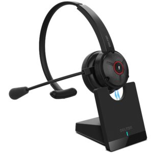 delton noise canceling bluetooth computer headset with charging dock, wireless headset for laptop/pc/imac/tablet/smartphones, compatible with ms teams, zoom, google meet, slack and more - black