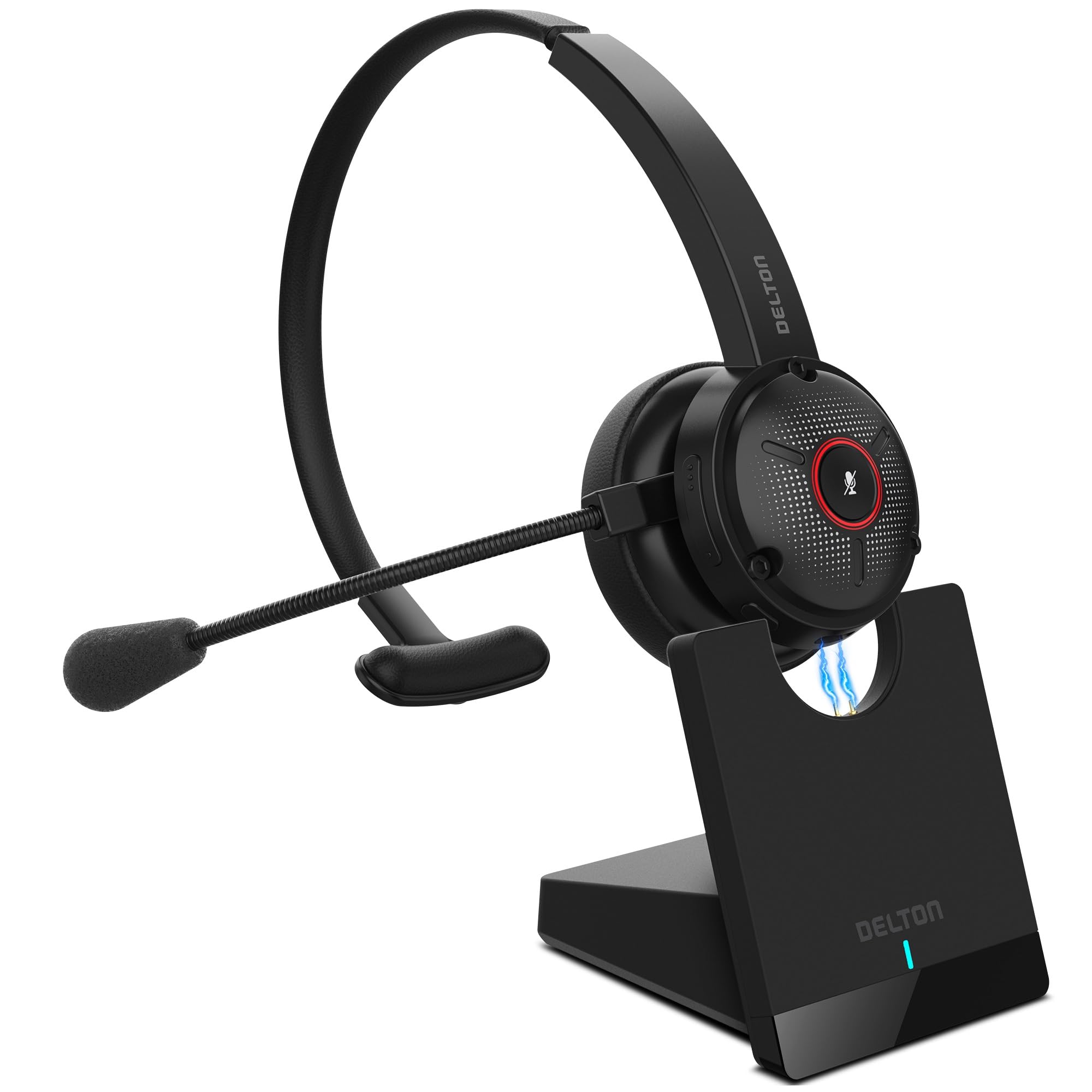 Delton Noise Canceling Bluetooth Computer Headset with Charging Dock, Wireless Headset for Laptop/PC/iMac/Tablet/Smartphones, Compatible with MS Teams, Zoom, Google Meet, Slack and More - Black