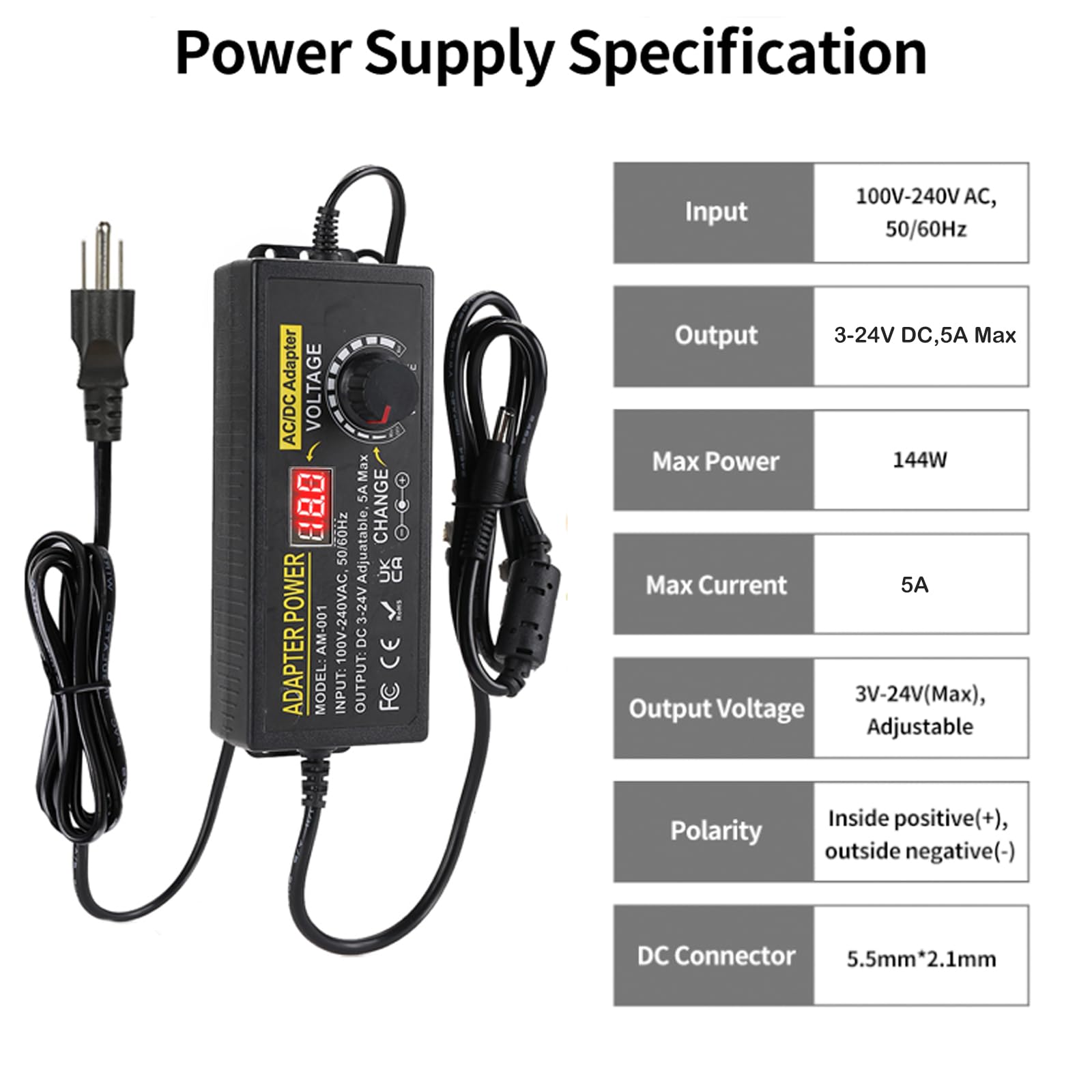 Adjustable Power Supply 3V~24V 5A 120W Universal 100V-240V AC/DC Power Adapter Converter 8V 12V 15V 18V 19V 20V 24V Power Supply with 14 DC Tips&Polarity Converter for LED Strip Light Printer Speaker