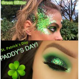 Go Ho Green Face Body Glitter,St Patricks Day Face Glitter Makeup,Green Face Paint Holographic Chunky Sequins Glitters for Eye Lip Hair Nails,Festival Glitter Rave Accessories,09 Green Glitter 52g