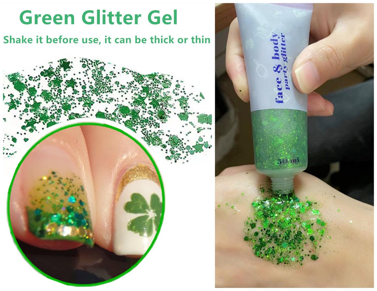 Go Ho Green Face Body Glitter,St Patricks Day Face Glitter Makeup,Green Face Paint Holographic Chunky Sequins Glitters for Eye Lip Hair Nails,Festival Glitter Rave Accessories,09 Green Glitter 52g