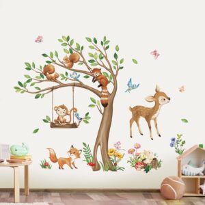 decalmile woodland animals tree wall decals deer monkey fox squirrel wall stickers kids baby nursery bedroom playroom wall decor