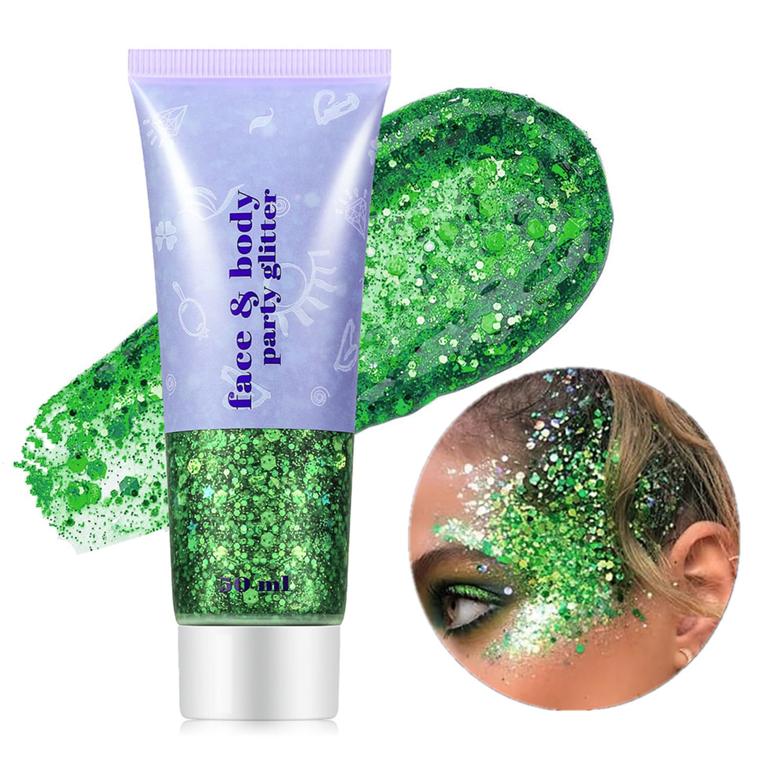 Go Ho Green Face Body Glitter,St Patricks Day Face Glitter Makeup,Green Face Paint Holographic Chunky Sequins Glitters for Eye Lip Hair Nails,Festival Glitter Rave Accessories,09 Green Glitter 52g