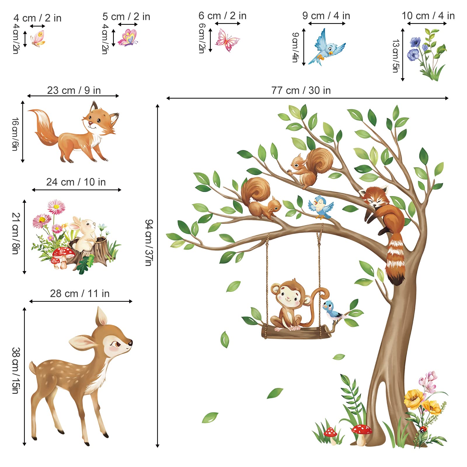 decalmile Woodland Animals Tree Wall Decals Deer Monkey Fox Squirrel Wall Stickers Kids Baby Nursery Bedroom Playroom Wall Decor