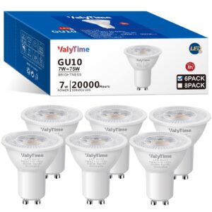 valytime dimmable gu10 led bulbs 7w(50w -60w-75w equivalent) gu10 light bulbs gu10 shape halogen replacement bulb 38°120v 650lm for track spot lighting indoor recessed,day white 5000k,6 pack