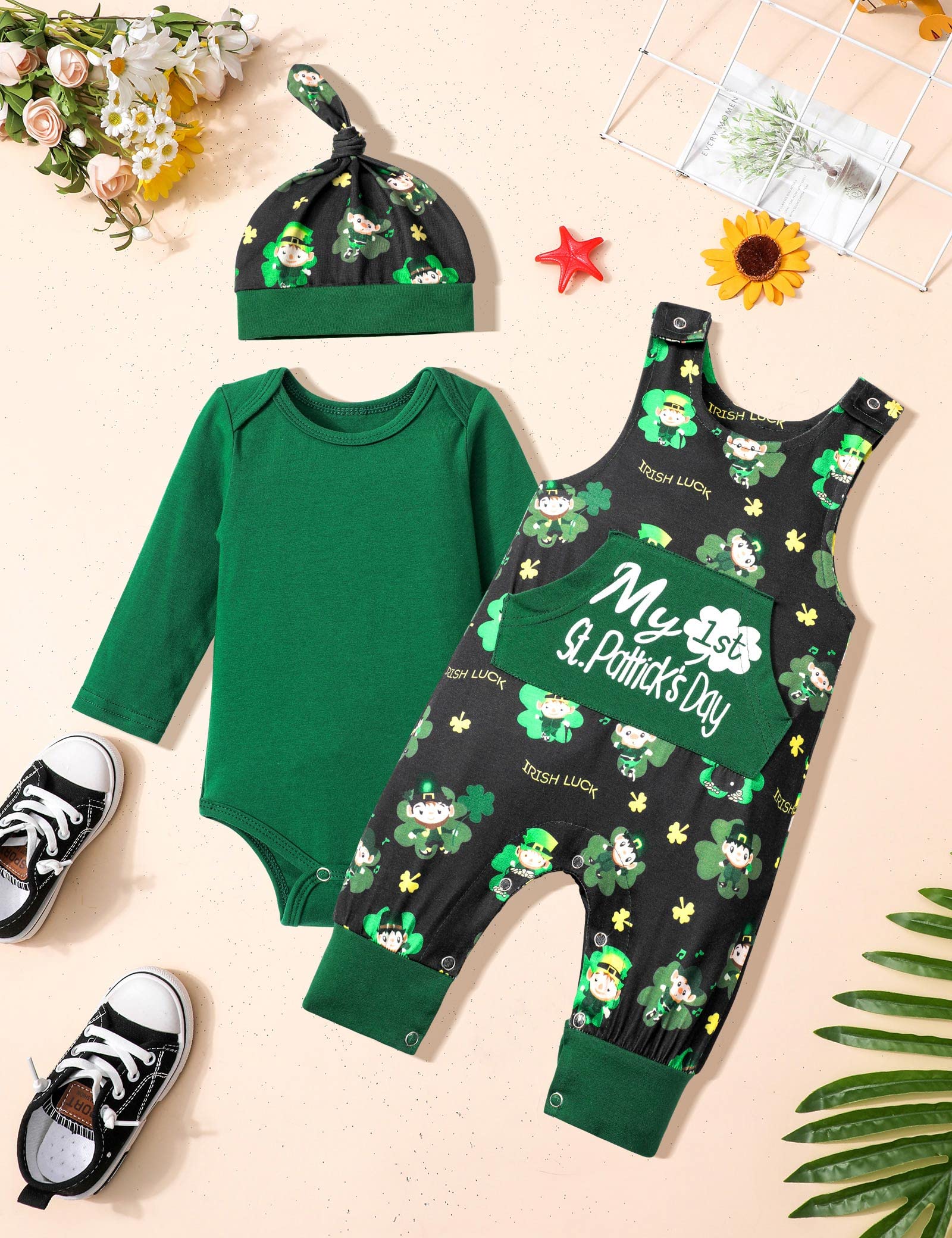 KANGKANG St Patricks Day Baby Boy Outfit My First St Patricks Day Baby Boy Outfit Baby Boy Clothes 3-6 Months Baby Rompers Overalls Hat